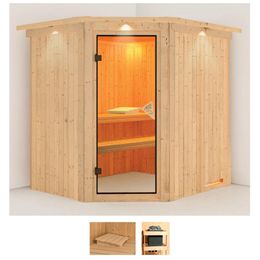 Sauna Karibu "Laila", beige (naturbelassen), ohne Ofen, (ohne Ofen), Saunen, ohne Ofen