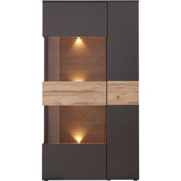 Vitrine FORTE "Como", grau (grau, eichefarben), B:90cm T:41cm, FSC-zertifizierter Holzwerkstoff, Schränke, Highboard, LED Beleuchtung Einlegeböden, Glastüre, Soft Close