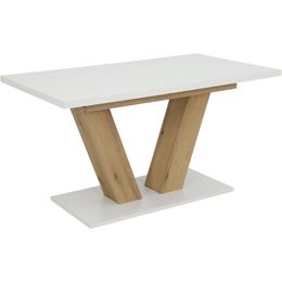 Säulen-Esstisch Hela "HAMM", weiß, evoke eiche, weiß, evoke eiche, weiß, evoke eiche, Einlegeplatte, Tische, ausziehbar,ABS-Kante,Melamin,Synchronauszug,Säule,Bodenplatte