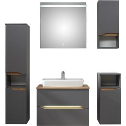 Badmöbel-Set SAPHIR "Quickset 5-teilig, Keramik-Aufsatzbecken mit LED-Spiegel", grau (quarzgrau matt touch, quarzgrau matt, akzent riviera eiche quer nb), Kastenmöbel-Sets, Midischrank, Unterschrank, Hängeschrank, inkl. Türdämpfer, 6 Türen