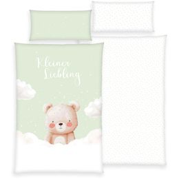 Lüttenhütt Kinderbettwäsche LÜTTENHÜTT "Kleiner Liebling in Gr. 100x135 und 135x200 cm", grün, B/L: 135cm x 200cm, 1 Stk., 1 Stk., Renforcé, B/L: 80cm x 40cm, 2 Stk., Renforcé, Obermaterial: 100% Baumwolle, Bettwäsche, aus Baumwolle, mit niedlichem Bärenmotiv & Schriftzug, Babybettwäsche