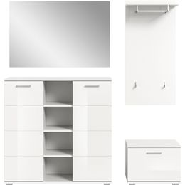 Garderoben-Set Inosign "Valge, Breite 165 cm, 4-teiliges Set, bestehend aus:", weiß, B:180cm H:191cm T:37cm, Holzwerkstoff, Kastenmöbel-Sets, Highboard, Garderobenspiegel, Sitzbank und Garderobenpaneel