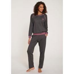 Pyjama Vivance Dreams, Damen, Gr. 48/50, grau (anthrazit, meliert), Single Jersey, Obermaterial: 60% Baumwolle, 40% Polyester, regular fit lang, Rundhals, Raglanärmel Bündchen kontrastfarben, Homewear-Sets, mit dekorativen Flatlock-Nähten in Neonfarben