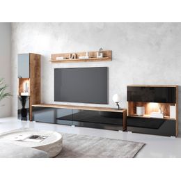 Wohnwand Inosign "PARIS, Vitrine Türanschlag links/rechts wechselbar", schwarz (kastanien breslau, schwarz hochglanz), B:300cm H:130cm T:33cm, Hartfaserplatte, Kastenmöbel-Sets, grifflose Design, stehend und hängend montierbar