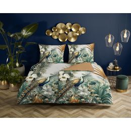 Wendebettwäsche Descanso "Dana1", bunt (multi), B/L: 155cm x 220cm, 1 Stk., 1 Stk., Satin, B/L: 80cm x 80cm, 2 Stk., Satin, Obermaterial: 100% Baumwolle, Bettwäsche, Mako Satin, 135x200, Biese, Reißverschluss, Wendeoptik, Blumen, Pfau