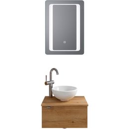 Badmöbel-Set SAPHIR "Serie 6915", braun (halifax eiche, halifax eiche), B:51cm H:200cm T:35cm, Kastenmöbel-Sets, Gäste-Bad, 51 cm breit, mit LED-Spiegel und 1 Tür