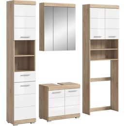 Badmöbel-Set Inosign "Siena, 4 teilig, bestehend aus:", weiß (eiche sonoma hell nb, weiß hochglanz mdf tz), B:190cm T:34cm, Holzwerkstoff, MDF, Kastenmöbel-Sets, Hochschrank, WBU, Spiegelschrank, Waschmaschinenumbauschrank