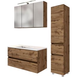 Badmöbel-Set Welltime "Welltime Möbel Baabe Waschtisch-Set 3tlg. oder 5tlg.", braun (wotaneiche), Set 7 3tlg.: Waschtisch 100cm breit, Spiegelschrank 100cm breit, Seitenschrank, Holzwerkstoff, Kastenmöbel-Sets, gedämpfte Scharniere und Softclose-Funktion, inklusive LED-Beleuchtung