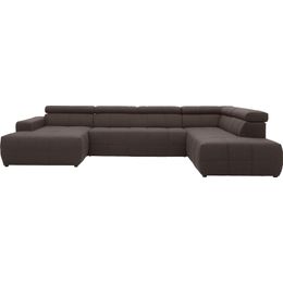 Wohnlandschaft DOMO collection "Brandon, whlw. mit Sitztiefenverstellung, inkl. Nierenkissen", braun, B:359cm H:80cm T:228cm, Kunstleder SOFTLUX;Luxus-Microfaser in Antikleder-Optik (100% Polyester);Luxus-Microfaser (100% Polyester), Sofas, mit Kopfteilverstellung, wahlweise Sitztiefenverstellung, U-Form