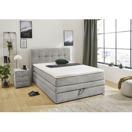 Jockenhöfer Boxspringbett JOCKENHÖFER GRUPPE "Amy", grau (hellgrau 426, 29), L:217cm, Bezug Bett: Cordstoff (100% Polyester);Topper und Matratzenspiegel: 100% Polyester, Komplettbetten, mit Bettkasten und Kaltschaum-Topper, erhältlich in 140 & 180cm Breite, Topseller