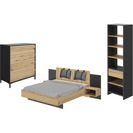 Schlafzimmer-Set GAMI "Mimizan", braun (schwarz &ndash; eiche helvezia), B/H: 140cm x 200cm, Schlafzimmerm&ouml;bel-Sets