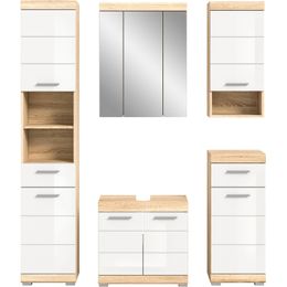 Badmöbel-Set Inosign "Siena, 5 teilig, bestehend aus:", weiß (sonoma eiche hell, weiß hochglanz), B:164cm H:191cm T:34cm, Kastenmöbel-Sets, Hochschrank, WBU, Spiegelschrank, Unterschrank, Hängeschrank