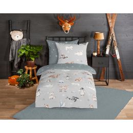 Kinderbettwäsche Good Morning "Cira", grau, B/L: 135cm x 200cm, 1 Stk., 1 Stk., Biber,Flanell, B/L: 80cm x 80cm, Garnitur: 2 Stk., Biber;Flanell, Obermaterial: 100% Baumwolle, Bettwäsche, Biber, 135x200, Warm, Weich, Wende, Reißverschluss, Kind, Winter, Grau