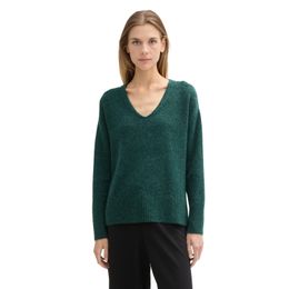 Strickpullover Tom Tailor Denim, Damen, Gr. S (36), grün (midnight forest grün mélange), Strick, Obermaterial: 62% Polyacryl, 25% Polyester, 10% Baumwolle, 3% Elasthan, meliert, Casual, relaxed fit taillenbedeckt, V-Ausschnitt, Rippbündchen, Pullover, mit V-Ausschnitt