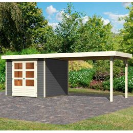Gartenhaus Karibu "Arnis 3,5", grau (terragrau), ohne Fußboden, ohne Rück- und Seitenwand, ohne Dacheindeckung, Holzwerkstoff, Gartenhäuser, mit Anbaudach 2,80 cm Breite