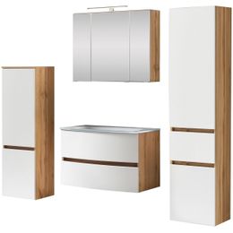 Badezimmer-Set Welltime "Kaunas", weiß (matt weiß, wotaneiche), B:120cm H:200cm T:49cm, Kastenmöbel-Sets, Waschtisch-Set mit Midischrank und Seitenschrank, Breite 160 cm
