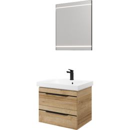 Badmöbel-Set SAPHIR "Balto 2-teilig Mineralmarmor-Waschtisch mit LED-Spiegel, Waschplatz", braun (riviera eiche quer nachbildung mit schwarzer einlage), B:64,4cm H:200cm T:46cm, Spanplatte, Kastenmöbel-Sets, 64,4 cm breit, mit 2 Schubladen, Badschrank inkl. Schubladendämpfer