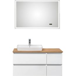 Badmöbel-Set SAPHIR "Quickset 360 2-teilig, mit Keramik-Aufsatzbecken und LED-Spiegel", weiß (weiß glanz), B:113cm H:200cm T:50cm, Holzwerkstoff, Kastenmöbel-Sets, in Weiß Glanz, Riviera Eiche quer Nachbildung, 4 Schubladen