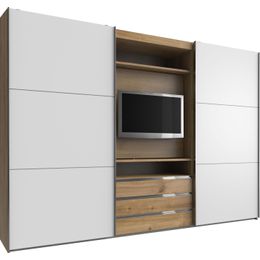 Schwebetürenschrank wimex "Magic by fresh to go", braun (plankeneiche nachbildung, weiß), B:300cm H:216cm T:65cm, Schränke, tolles EXTRA: mit drehbarem TV-Element, mittig mit Schubladen, Topseller