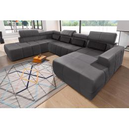 Wohnlandschaft DOMO collection "Brandon, whlw. mit Sitztiefenverstellung, inkl. Nierenkissen", grau (dunkelgrau), B:359cm H:80cm T:228cm, Kunstleder SOFTLUX;Luxus-Microfaser in Antikleder-Optik (100% Polyester);Luxus-Microfaser (100% Polyester), Sofas, mit Kopfteilverstellung, wahlweise Sitztiefenverstellung, U-Form