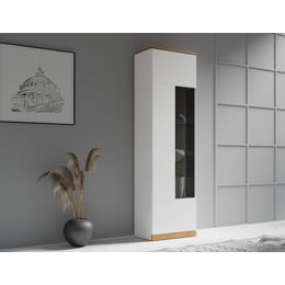 Vitrine Home Affaire "Ribe,180cm hoch,5 Fächer,2 Glasböden variabel einsetzbar", weiß (weiß, eiche), B:50 H:180 T:35, Schränke, Oberplatte Eiche massiv,dunkles Glas, schwarze Metall Griffe