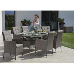 Garten-Essgruppe Konifera "Mailand", grau (grau, braun,), Polyrattan, Sitzmöbel-Sets, Tischplatte aus Sicherheitsglas, Staufläche unter dem Tisch