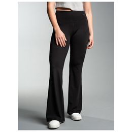 Jerseyhose TRIGEMA "TRIGEMA Schlaghose mit hohem Bund", Damen, Gr. L, US-Größen, schwarz, 85% Polyester, 15% Elastan, Basic, Hosen