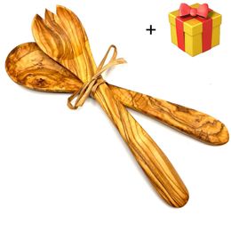 Salatbesteck OLIVENHOLZ-ERLEBEN "Salatbesteck mittel mit Bastband", braun, Massivholz, Kochbesteck-Sets, Stilvoll Salate servieren &ndash; ein echter Blickfang auf dem Tisch.