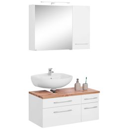 Badmöbel-Set Welltime "Davos", weiß, Siphonausschnitt links, Holzwerkstoff, MDF, Melamin, Kastenmöbel-Sets, mit LED-Beleuchtung, Hängeschrank und Waschbeckenunterschrank