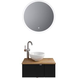 Badmöbel-Set SAPHIR "Serie 6915", schwarz (schwarz matt select, riviera eiche), B:70cm H:200cm T:35cm, Kastenmöbel-Sets, Gäste-Bad, 70 cm breit, mit LED-Spiegel, offenem Fach und 2 Türen