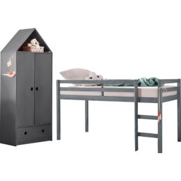 Lüttenhütt Jugendzimmer-Set LÜTTENHÜTT "Alpi", grau, Schlafzimmermöbel-Sets, Hochbett und Kleiderschrank in Hausoptik, perfekt für kleine Räume