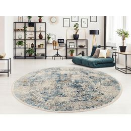Teppich OCI DIE TEPPICHMARKE "BESTSELLER CAVA", blau, H:8mm Ø:160cm, Viskose, Teppiche, Fransenteppich, Glanz Viskose, Hoch Tief Struktur, mit Fransen, Wohnzimmer