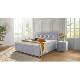 Boxbett LEONIQUE "Alfie, Topseller Inkl. Bettkasten&Topper", grau (hellgrau), L:211cm, Holzwerkstoff, Spanplatte, Komplettbetten, Wahlweise mit Knopfsteppung oder Strasssteinen, H2, H3 und H4 wählbar, Topseller