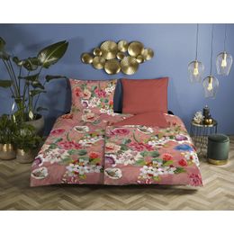 Wendebettwäsche Descanso "Amalia", orange (terrakotta), B/L: 155cm x 220cm, 1 Stk., 1 Stk., Satin (Bio-Baumwolle), B/L: 80cm x 80cm, 2 Stk., Satin (Bio-Baumwolle), Obermaterial: 100% Baumwolle, Bettwäsche, Baumwolle, Satin, 135x200, Biese, Reißverschluss, Wende, Blumen Terra