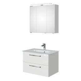Badmöbel-Set SAPHIR "Trentino 2-teilig Glas-Waschtisch, Spiegelschrank mit LED-Leuchte", weiß (weiß hochglanz), Kastenmöbel-Sets, Badmöbel-Set 77cm breit, inkl. Türdämpfer, 3 Türen, 2 Auszügen