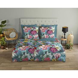 Wendebettwäsche Good Morning "Tiandra", bunt (multi), B/L: 155cm x 220cm, 1 Stk., 1 Stk., Renforcé, B/L: 80cm x 80cm, Garnitur: 2 Stk., Renforcé, Obermaterial: 100% Baumwolle, Bettwäsche, Baumwolle, 135x200, Reißverschluss, Wendeoptik, Blumen, Petrol