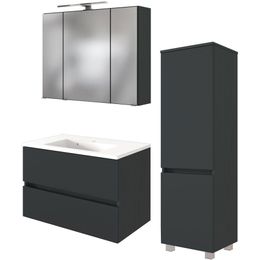 Badmöbel-Set Welltime "Welltime Möbel Baabe Waschtisch-Set 3tlg. oder 5tlg.", grau (matt grau), Set 2 3tlg.: Waschtisch 80cm breit, Spiegelschrank 80cm breit, Midischrank, Holzwerkstoff, Kastenmöbel-Sets, gedämpfte Scharniere und Softclose-Funktion, inklusive LED-Beleuchtung