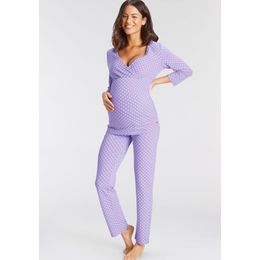 Umstandspyjama Lascana, Damen, Gr. 32/34, lila (lila, weiß), Obermaterial: 95% Baumwolle, 5% Elasthan, gepunktet, Basic schmal, V-Ausschnitt, Homewear-Sets, in Wickeloptik mit Pünktchenmuster