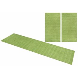 Bettumrandung Theko "Gabbeh Uni, Handweb Teppich, meliert, reine Wolle" Gr. 14, grün, H:14mm, Obermaterial: 100% Wolle, Bettumrandungen, Bettvorleger, Uni-Farben, handgewebt, Läufer-Set, Schlafzimmer