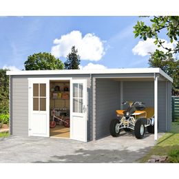 Gartenhaus Lasita Maja "Tampa", grau (lichtgrau), ohne Fußboden, Rückwand, ohne Dacheindeckung, Holzwerkstoff, Gartenhäuser, mit Anbau