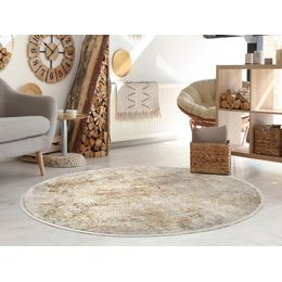 Teppich OCI DIE TEPPICHMARKE "BESTSELLER CAVA", beige (beige, goldfarben), H:8mm Ø:160cm, Viskose, Teppiche, Fransenteppich, Glanz Viskose, Hoch Tief Struktur, mit Fransen, Wohnzimmer
