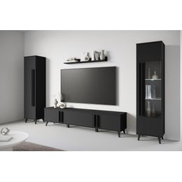 Wohnwand Inosign "Helsinki, Modernes Set mit verglaster Vitrine", schwarz (graphite schwarz matt), B:260cm T:33cm, Holzwerkstoff, Kastenmöbel-Sets, mit lamellengriffen, verstellbaren Einlegeböden und Kunststofffüßen