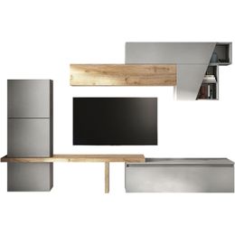 Wohnwand Inosign "INFINITY, 8tlg. Breite 305 cm, moderne Mediawand (Lowboard", grau (eiche cadiz nb, kreidegrau (gesso)), B:305cm H:210cm T:40cm, Kastenmöbel-Sets, T-Boden, 3x Hängewürfel, Würfel-Element, 2x Hängeschrank)