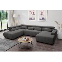 Wohnlandschaft DOMO collection "Brandon, whlw. mit Sitztiefenverstellung, inkl. Nierenkissen", grau, B:359cm H:80cm T:228cm, Kunstleder SOFTLUX;Luxus-Microfaser in Antikleder-Optik (100% Polyester);Luxus-Microfaser (100% Polyester), Sofas, ohne Sitztiefenverstellung, Cord, grau