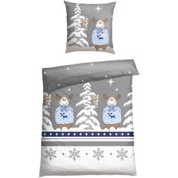 Bettwäsche Schiesser "Kitta aus weicher Baumwolle mit coolem Winter-Print", grau, B/L: 155cm x 220cm, 1 Stk., 1 Stk., Feinbiber, B/L: 80cm x 80cm, 2 Stk., Feinbiber, Obermaterial: 100% Baumwolle, Bettwäsche, MADE IN GREEN by OEKO-TEX-zertifiziert