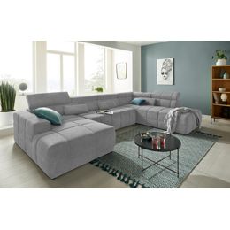 Wohnlandschaft DOMO collection "Brandon, whlw. mit Sitztiefenverstellung, inkl. Nierenkissen", grau (hellgrau), B:359cm H:80cm T:228cm, Kunstleder SOFTLUX;Luxus-Microfaser in Antikleder-Optik (100% Polyester);Luxus-Microfaser (100% Polyester), Sofas, mit Kopfteilverstellung, wahlweise Sitztiefenverstellung, U-Form