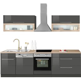 Küchenzeile KOCHSTATION "KS-Wien", grau (küche: grau, front: grau hochglanz, korpus: grafit, arbeitsplatte: eichefarben), B:270cm T:60cm, Komplettküchen-Sets, Küchenzeile, Breite 270 cm, wahlweise mit E-Geräten