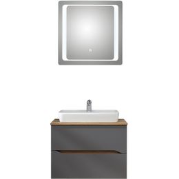 Badmöbel-Set SAPHIR "Quickset 2-teilig, Keramik-Aufsatzbecken mit LED-Spiegel", grau (quarzgrau matt touch, quarzgrau matt, akzent riviera eiche quer nb), Kastenmöbel-Sets, Waschplatz 73 cm breit, inkl. Türdämpfer, 2 Schubladen
