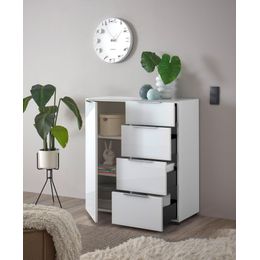 HBZ-MEBLE Sideboard HBZ "Santorin Mehrzweckschrank-Universalschrank, BxHxT 90x99x40 cm", weiß, B:90 H:99 T:40, Holzwerkstoff, Sideboards, Mit 1 Tür und 4 Schubkästen mit Softclose, Glasfront und Glasoberboden