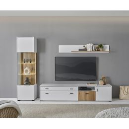 Wohnwand Inosign "HUDSON", weiß (weiß matt tz, applikation evoke eiche mdf tz), B:316cm H:180cm T:42cm, Kastenmöbel-Sets, mit moderner Rillenoptik, Griffe aus Metall (Schwarz), Breite 316 cm
